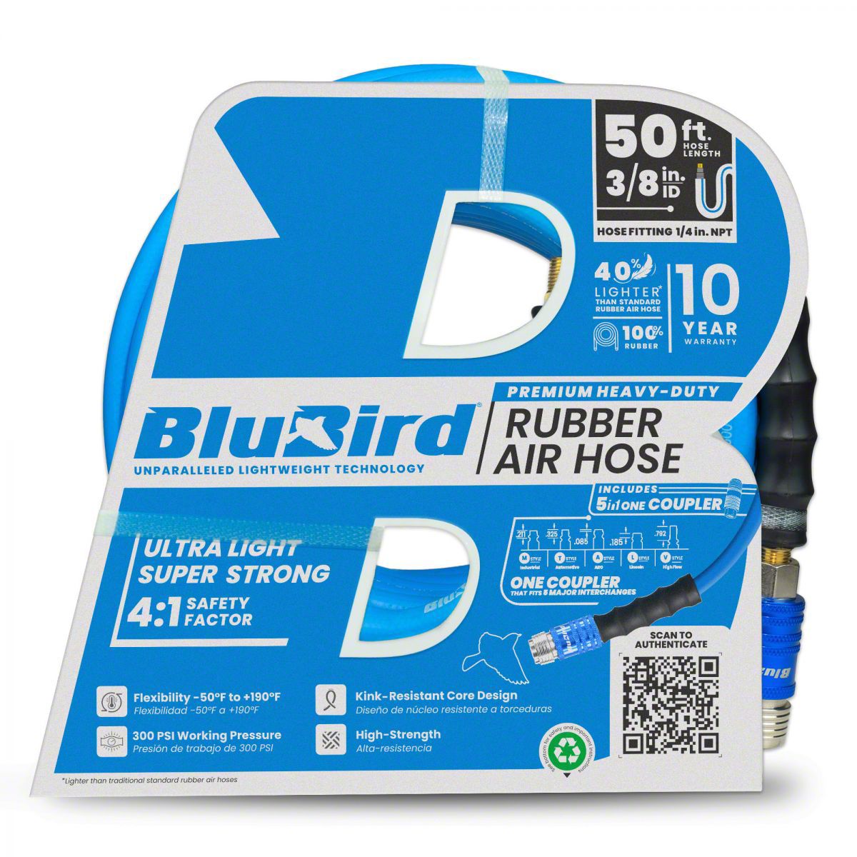 BluBird Throtl 3/8-Inch Male-NPT Rubber Air Hose with Universal 5 in 1 Coupler; 3/8-Inch x 50 ...