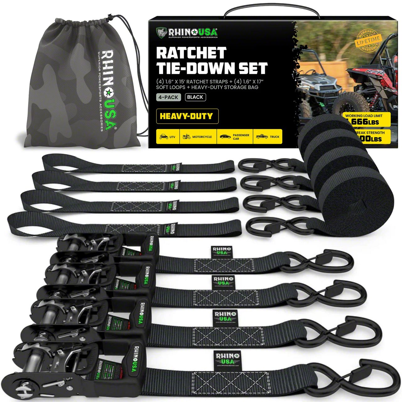 Rhino USA Throtl 1.60-Inch x 15-Foot Heavy Duty Ratchet Tie-Down Kit; 4 ...