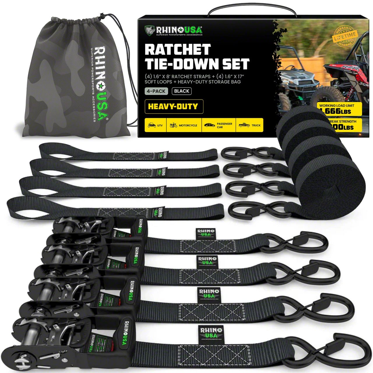 Rhino USA Throtl 1.60-Inch x 8-Foot Heavy Duty Ratchet Tie Down Kit; 4 ...