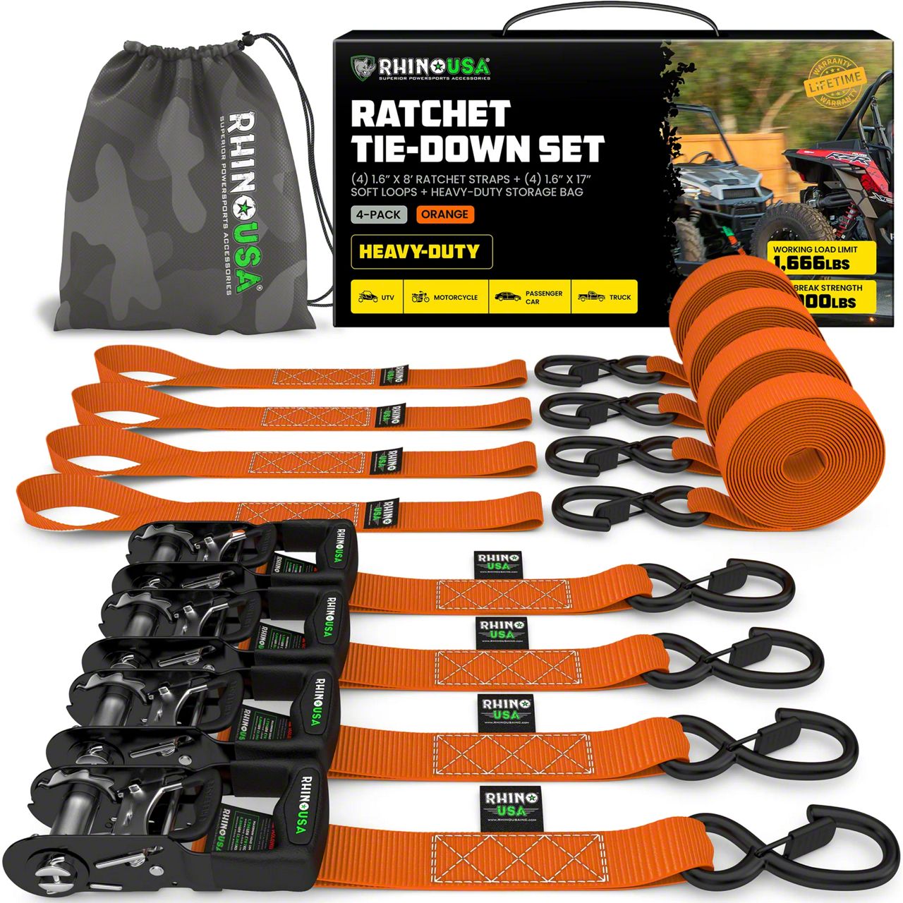 Rhino USA Throtl 1.60-Inch x 8-Foot Heavy Duty Ratchet Tie Down Kit; 4 ...