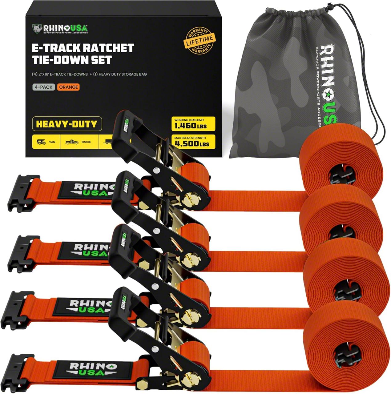 Rhino USA Throtl 2-Inch x 16-Foot E-Track Ratchet Strap Kit; 4-Pack ...